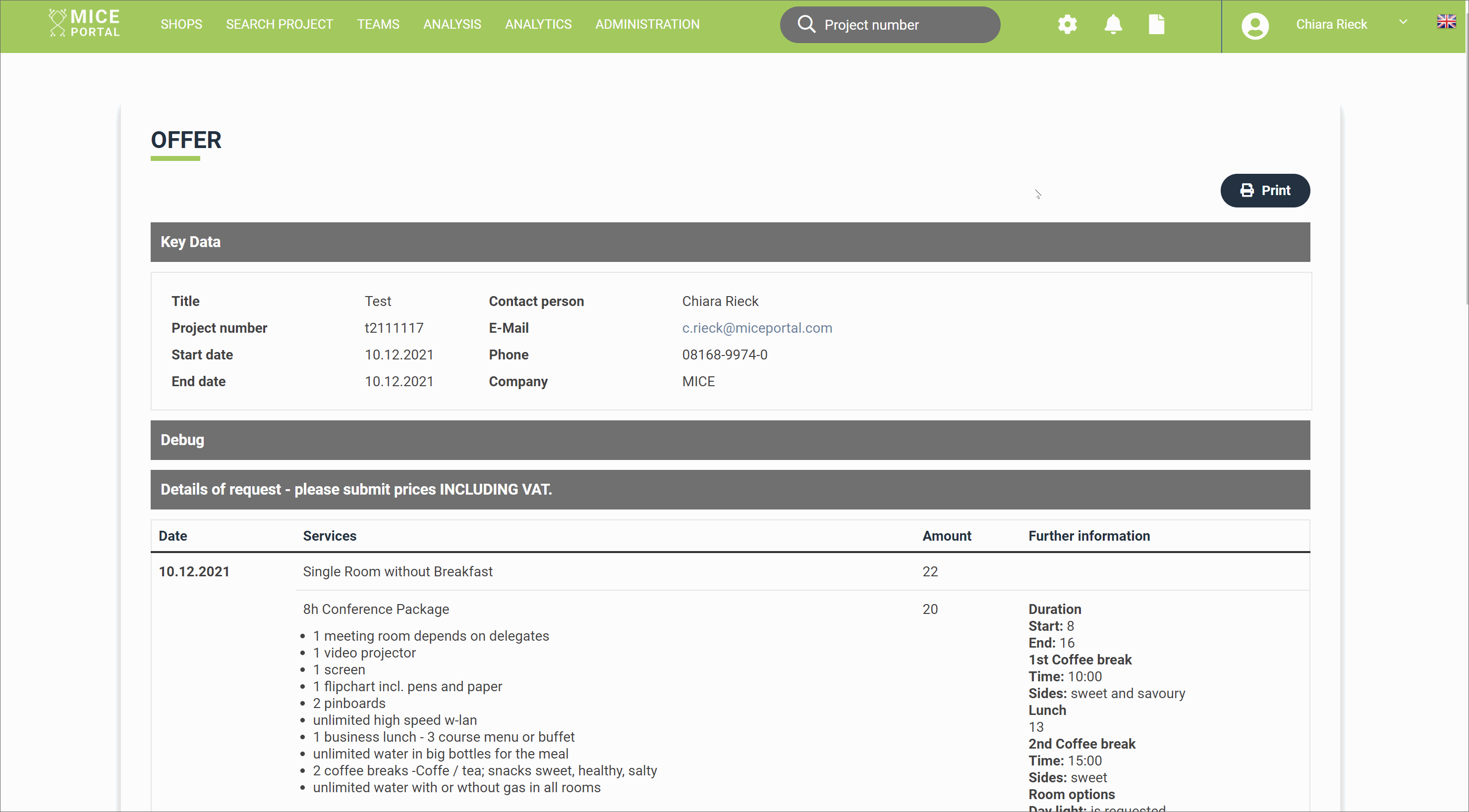 Reservation contract in MICE Portal