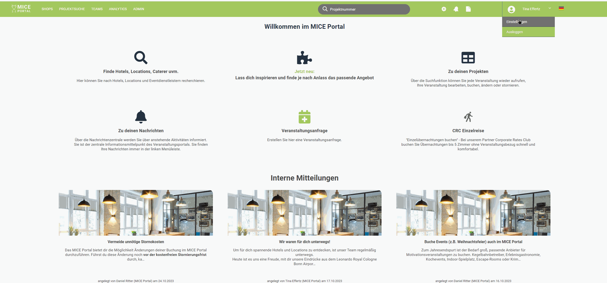 Login und persönliche Einstellungen im MICE Portal